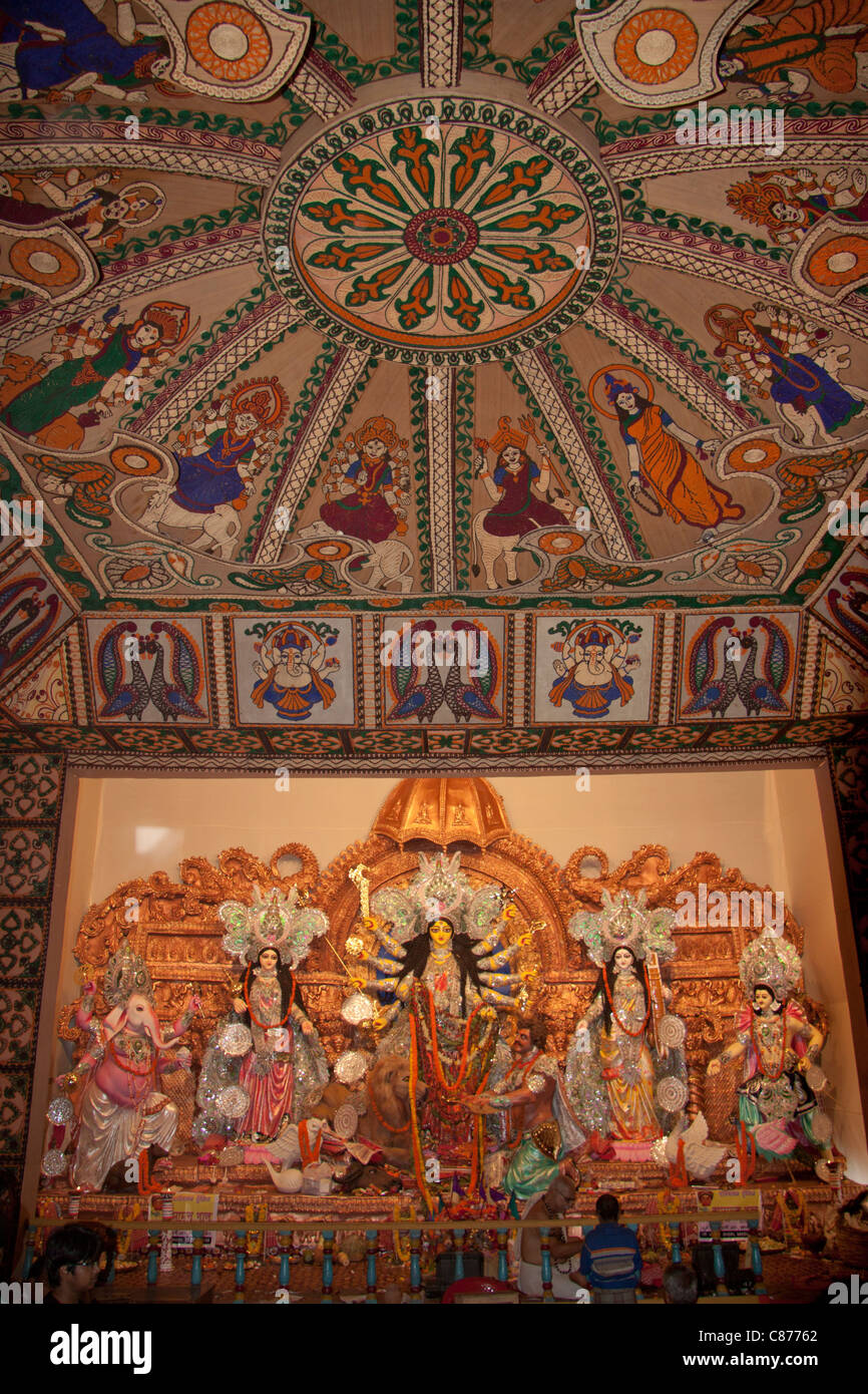 Intricate jute lace murals at 'Kobiraj Bagan Durga Puja pandal' in ...