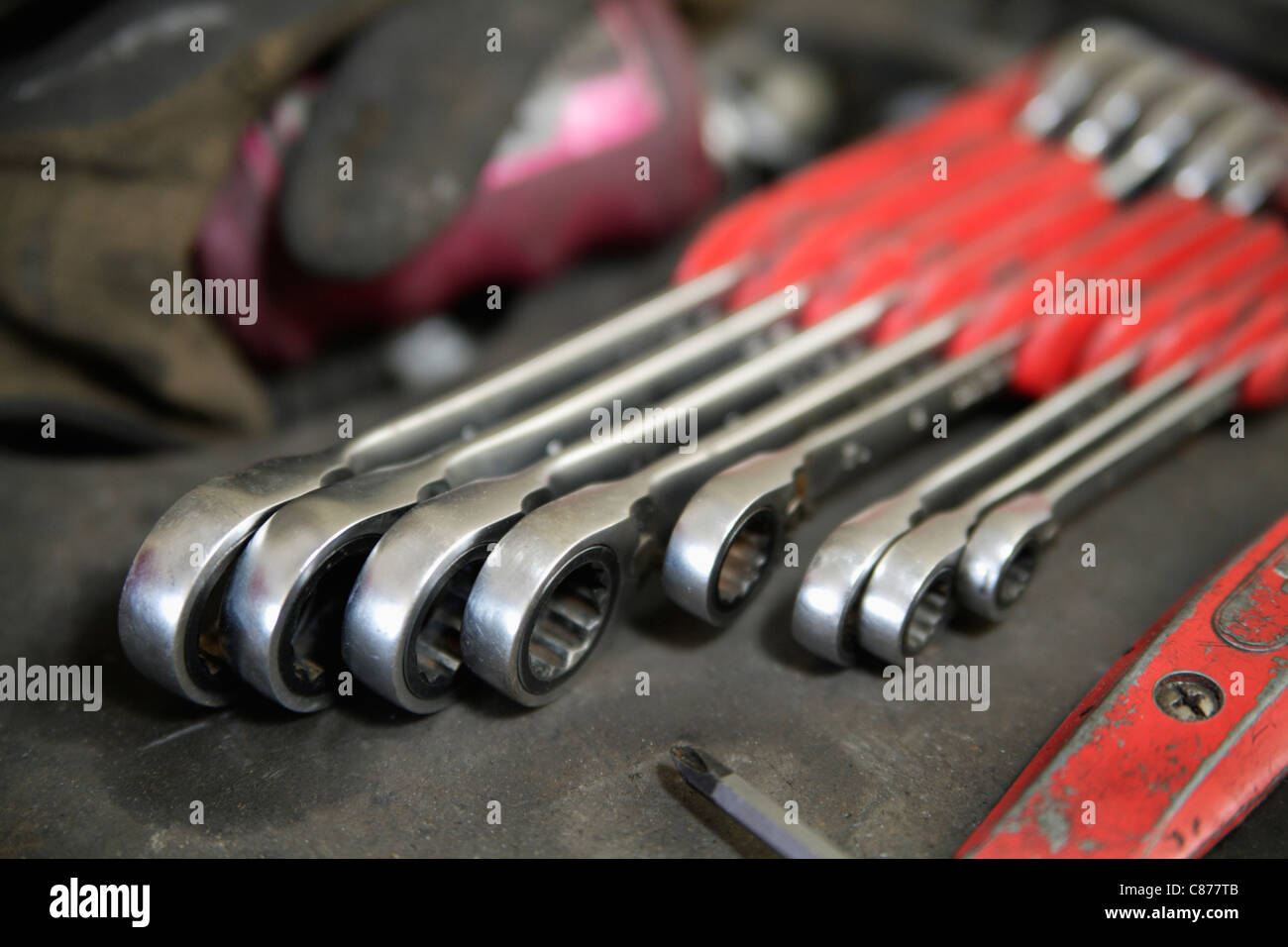 Germany, Ebenhausen, Close up of various spanners in repair garage ...