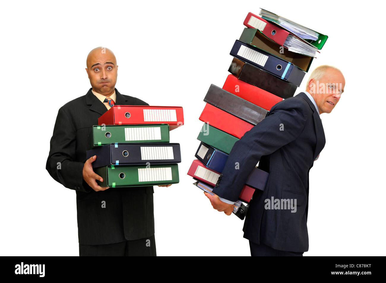 Workers with stack of files isolated in white Stock Photo - Alamy