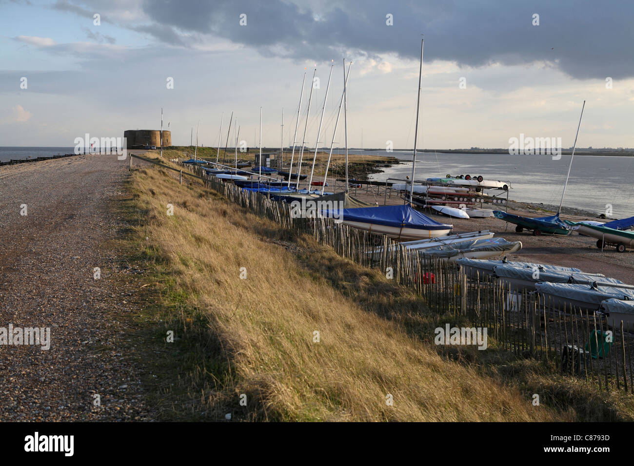 Sea Wall at Slaughden, Martello Tower, Aldeburgh, Suffolk, UK Stock ...