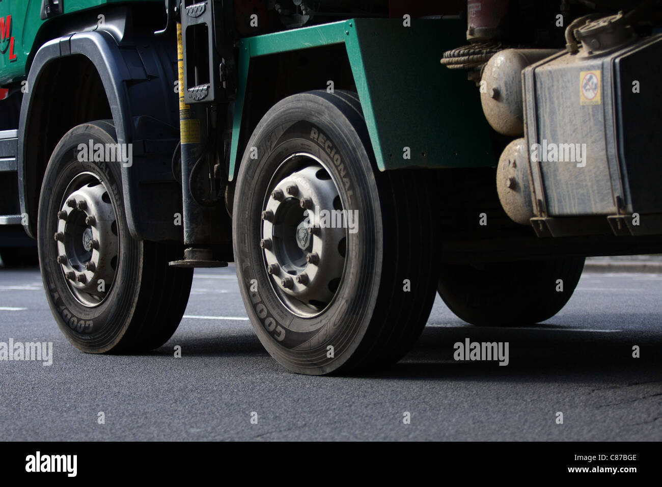 a low level view of the front wheels of a truck as it travels along a ...