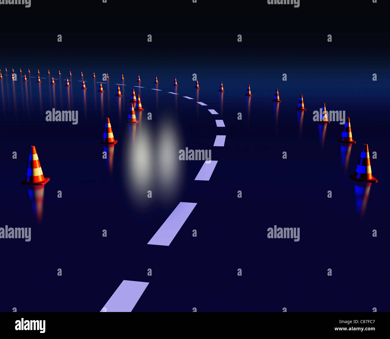 Dangerous curve at night with headlights and cones or bollards Stock ...