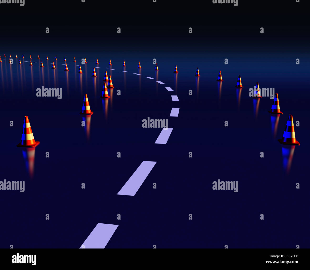 Dangerous curve at night without headlights and cones or bollards Stock ...