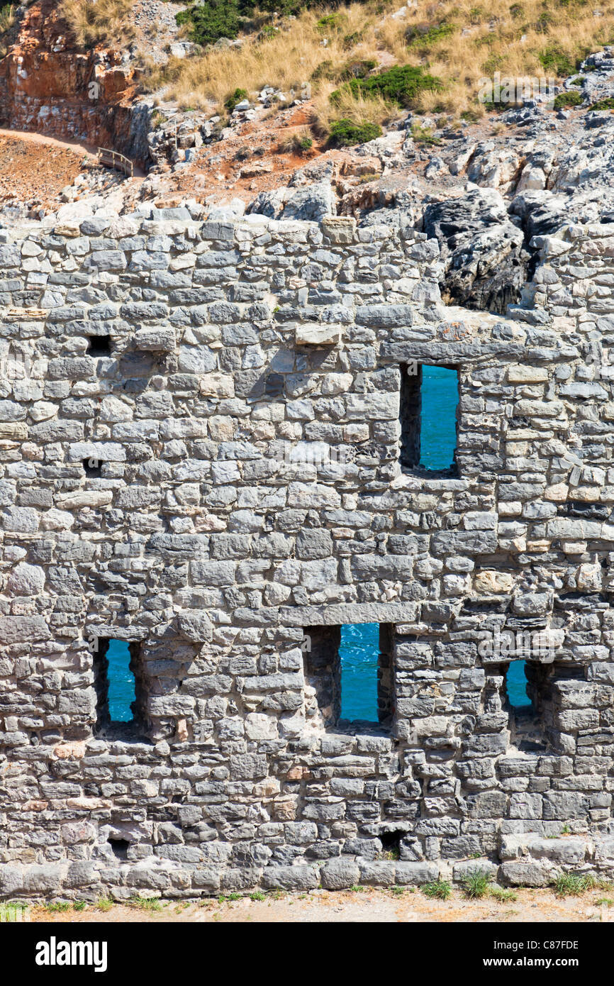 Sea view through old stone castle windows. Portovenere, Italy Stock ...