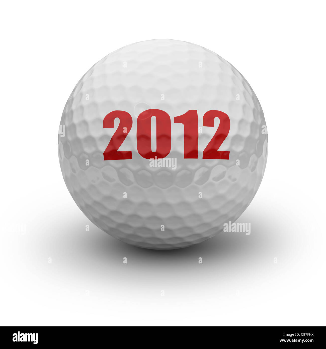 Golf ball with year 2012 stamped in bright red on white background ...