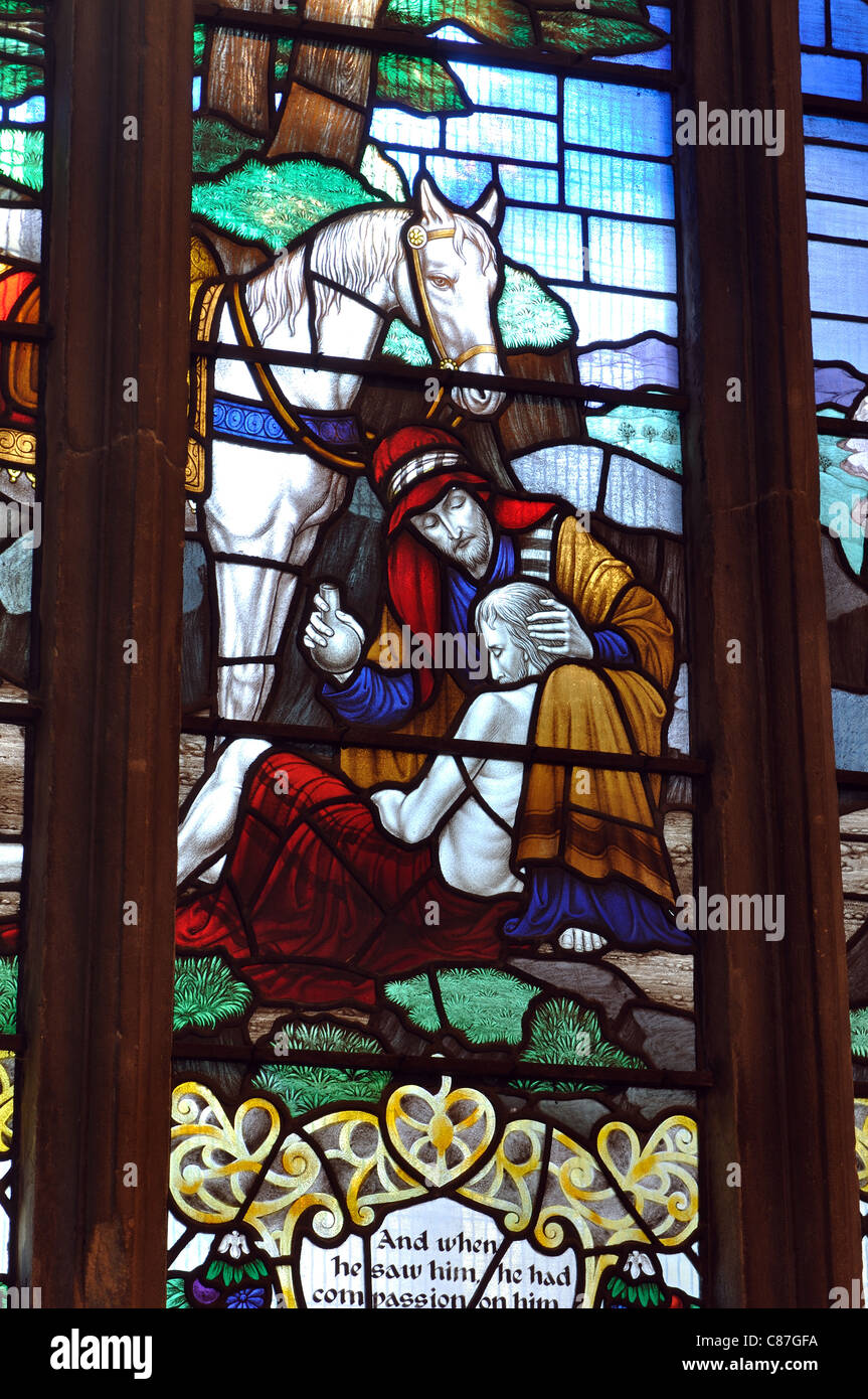 Good Samaritan stained glass, St. Dionysius Church, Market Harborough ...