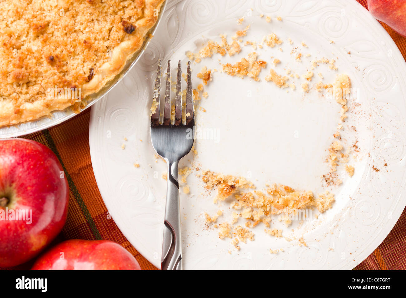 Overhead Abstract of Apples, Pie, Empty Plate with Remaining Crumbs ...