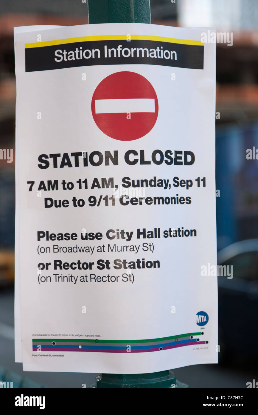 A sign on a utility pole advising of closure of the World Trade Center ...