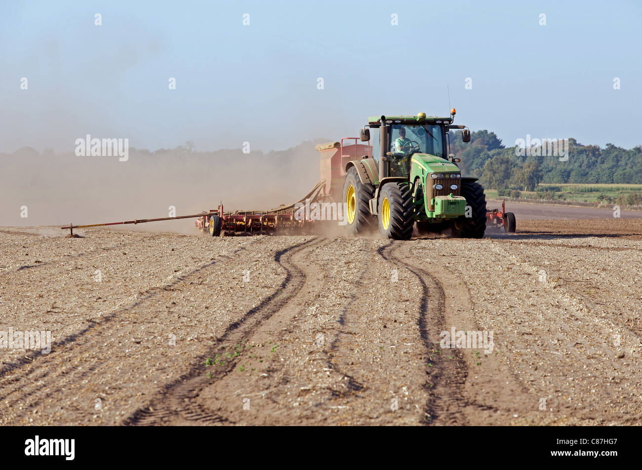 Barley being sewn on a dry and dusty field, Sutton, Suffolk, UK Stock ...