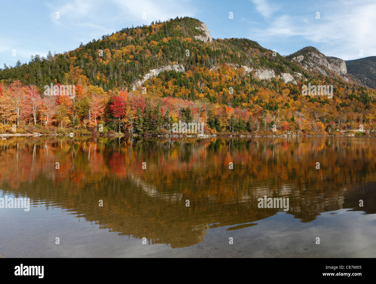 Fall foliage reflections on Echo Lake in Franconia Notch in the White ...