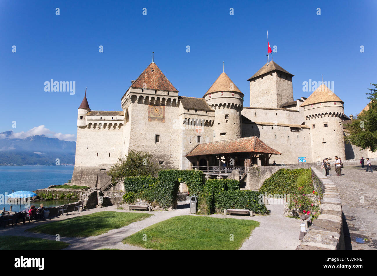 The Castle of Chillon built on a rocky island just off Lake Geneva ...