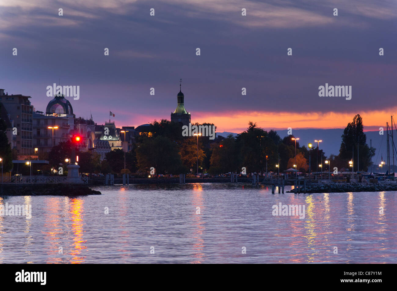 Sunset on the promenade alongside Lake Geneva at Evian Stock Photo - Alamy