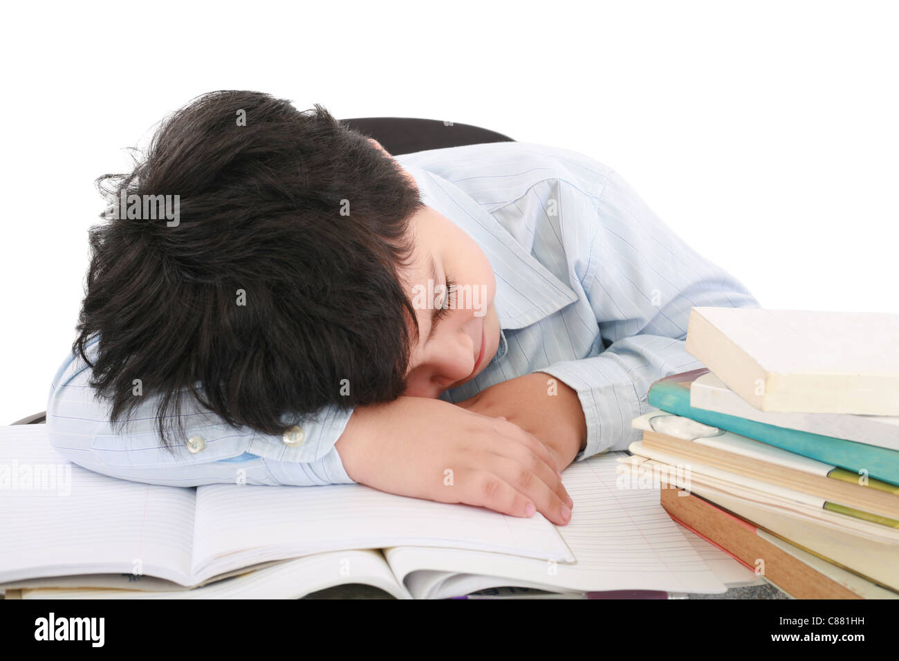 adorable boy tired to study a over white background Stock Photo - Alamy