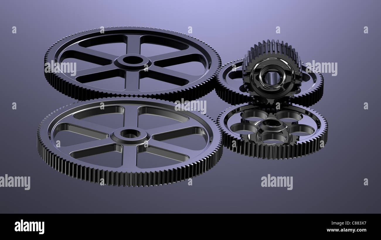 Three black chrome gears on black background, mechanism concept 3d ...