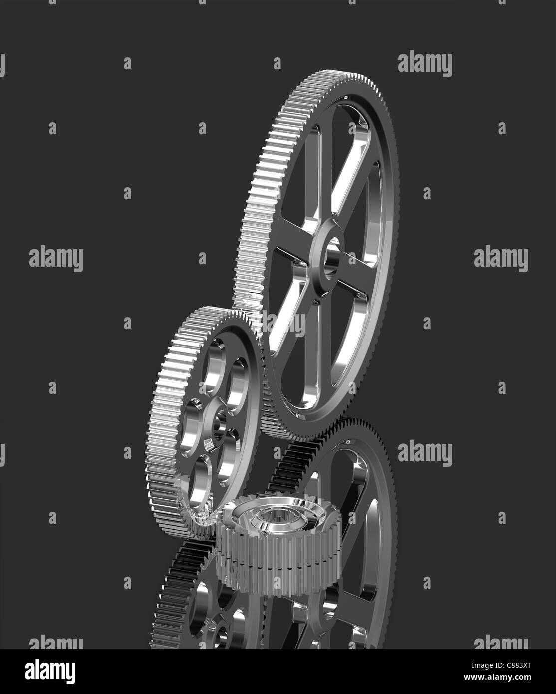 Three chrome gears on black background, mechanism concept 3d render of ...