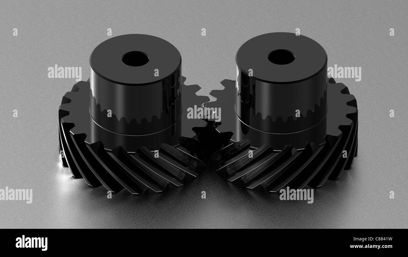 Two black chrome gears on titanium background, mechanism concept 3d ...