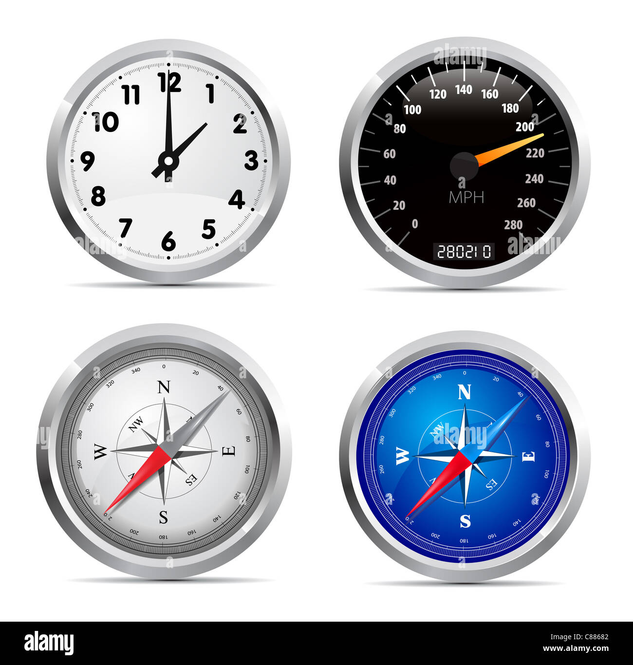 Glossy clock, speedometer and compass set illustration on white ...