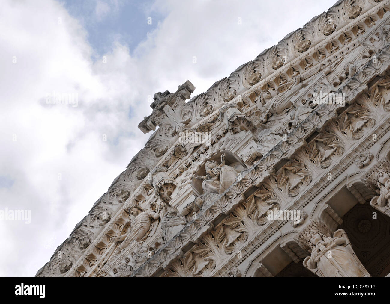 Carvings above main entry to Basilica of Notre-Dame de Fourvière in ...