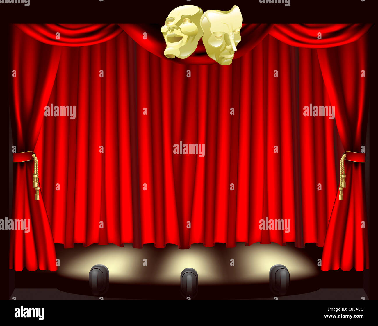 Theatre stage with curtains, footlights, and comedy and tragedy masks ...