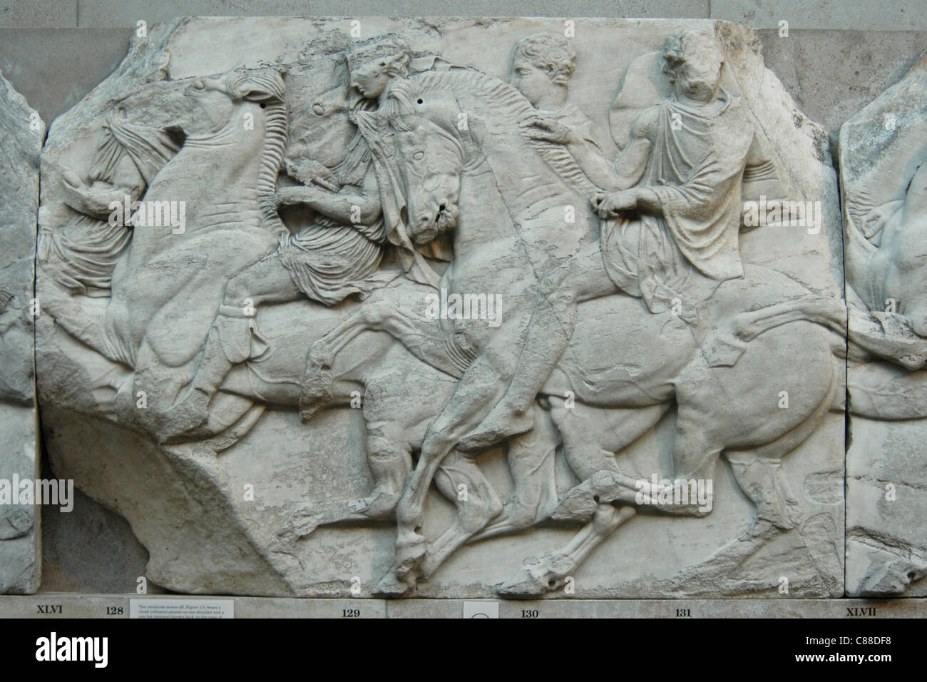 Detail of the Elgine’s marble frieze from Parthenon seen at the British Museum in London ...