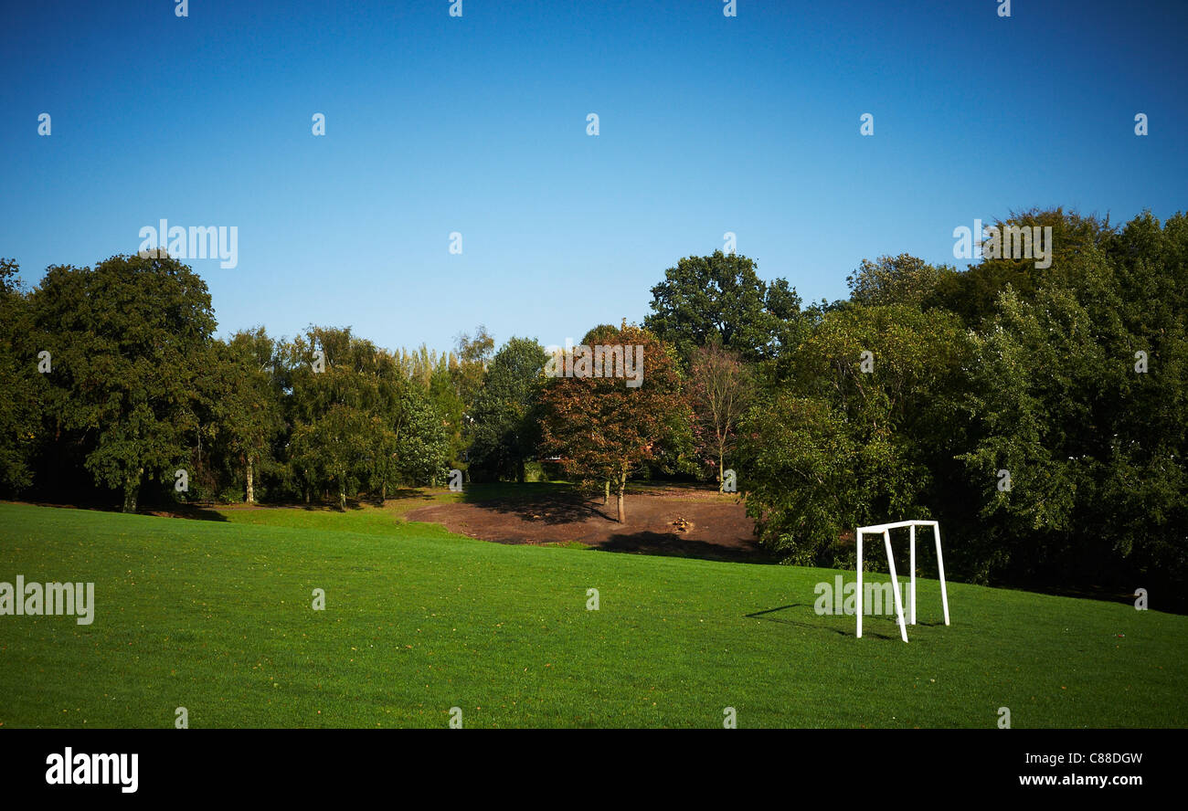Empty goal post in playing field or park Stock Photo - Alamy