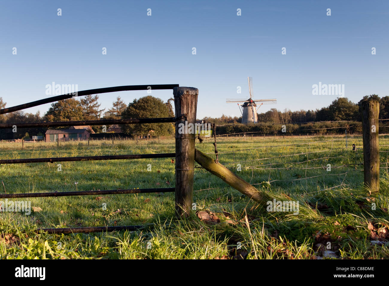 Rural Dutch lanscape with rustic fence and windmill Stock Photo - Alamy