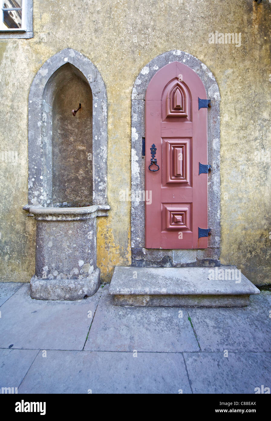 Red Carved Wood Door and a Water Fountain of the Fairytale Castle of ...