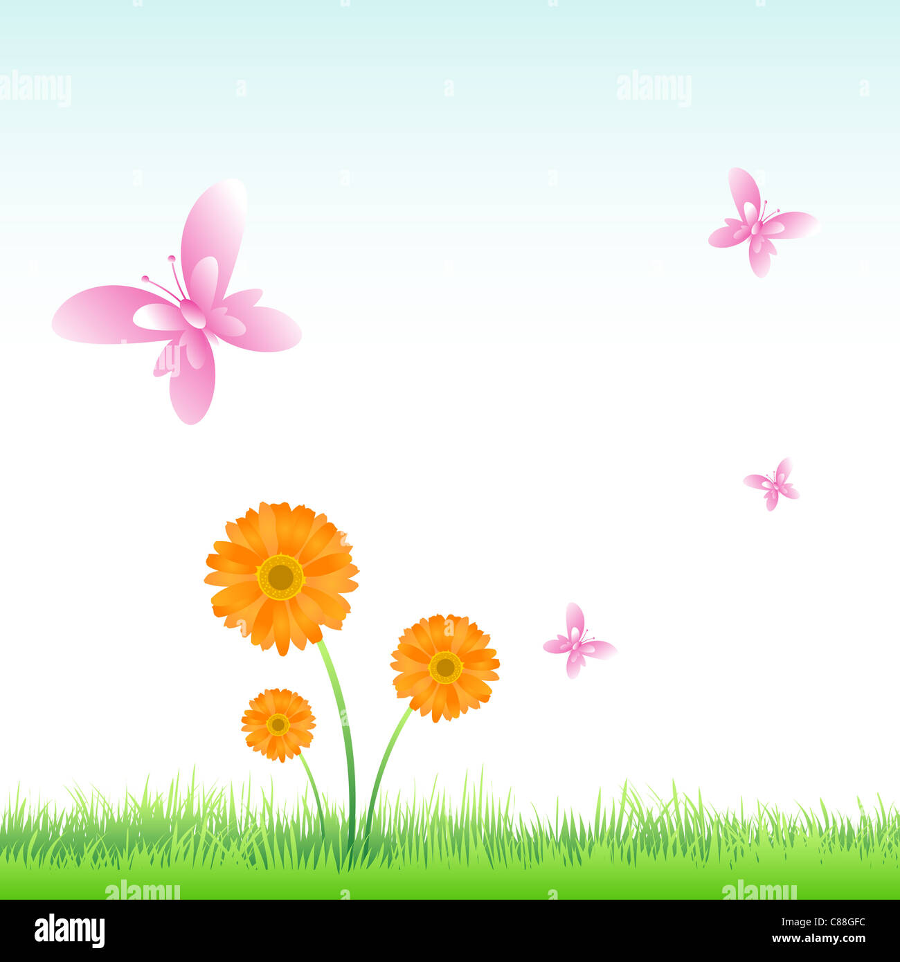 illustration of vector flowers with butterflies flying around Stock ...