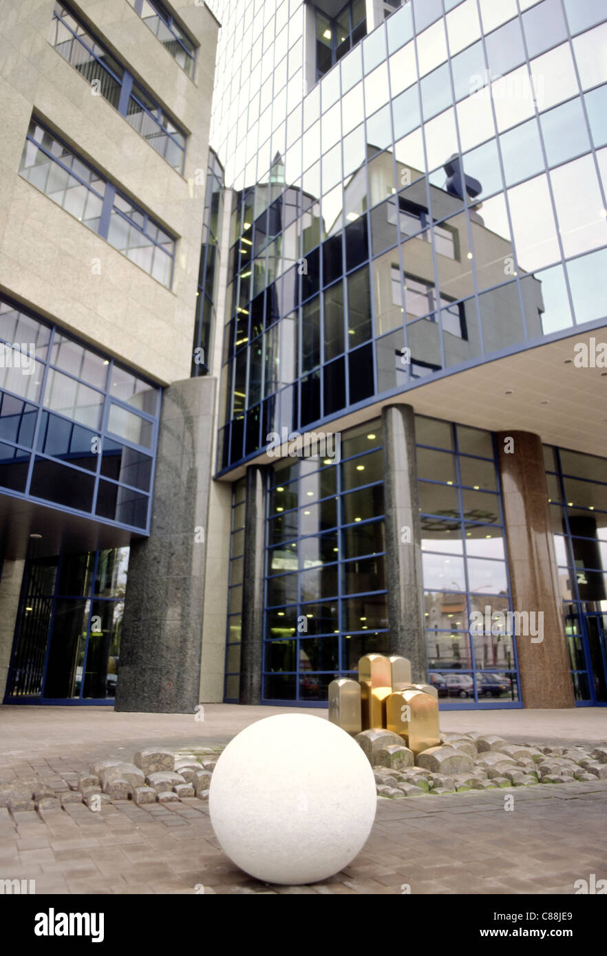 Bratislava, Slovakia: modern bank building with sculpture outside ...