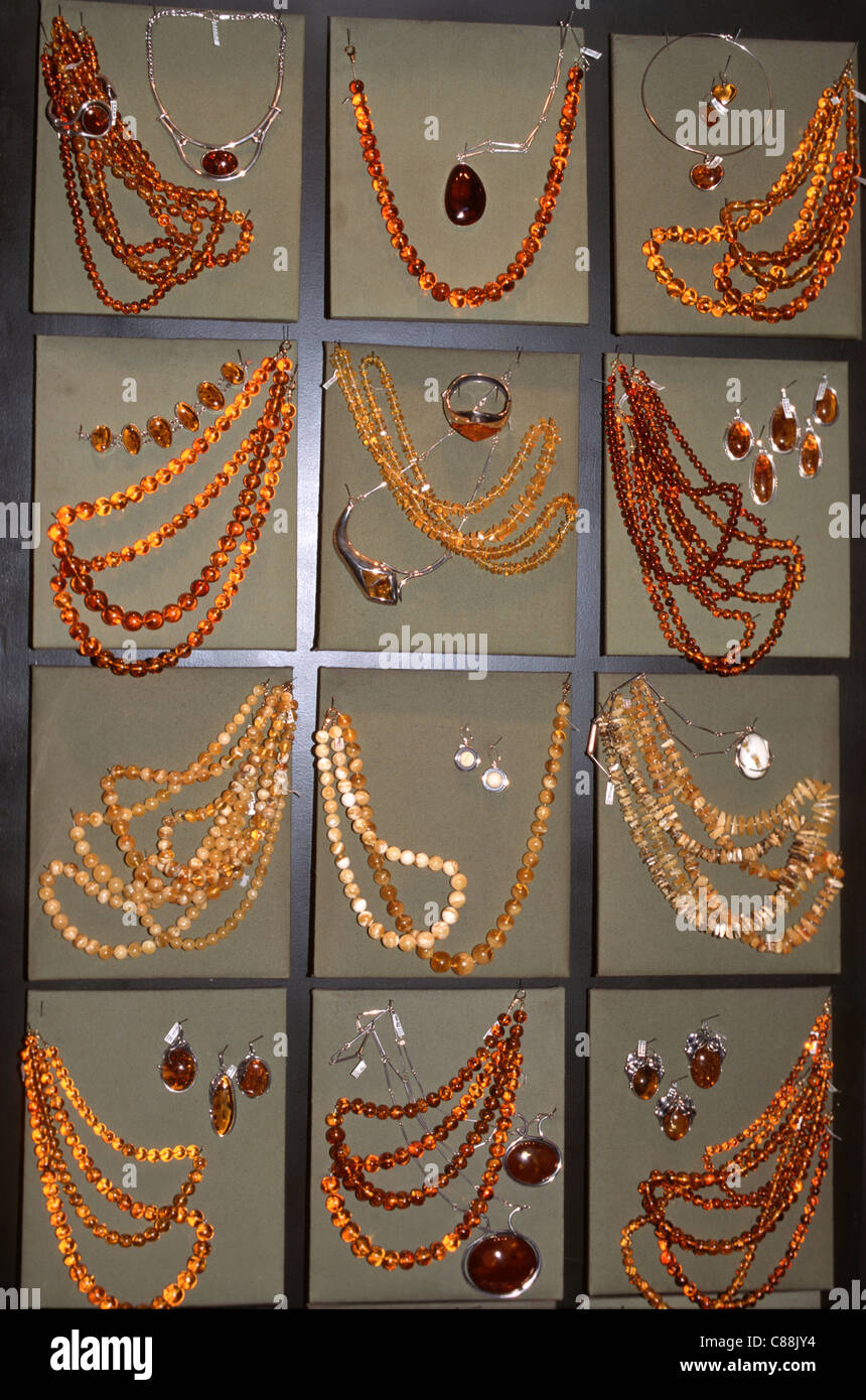 Kracow, Poland. Amber necklaces and earrings on sale Stock Photo - Alamy