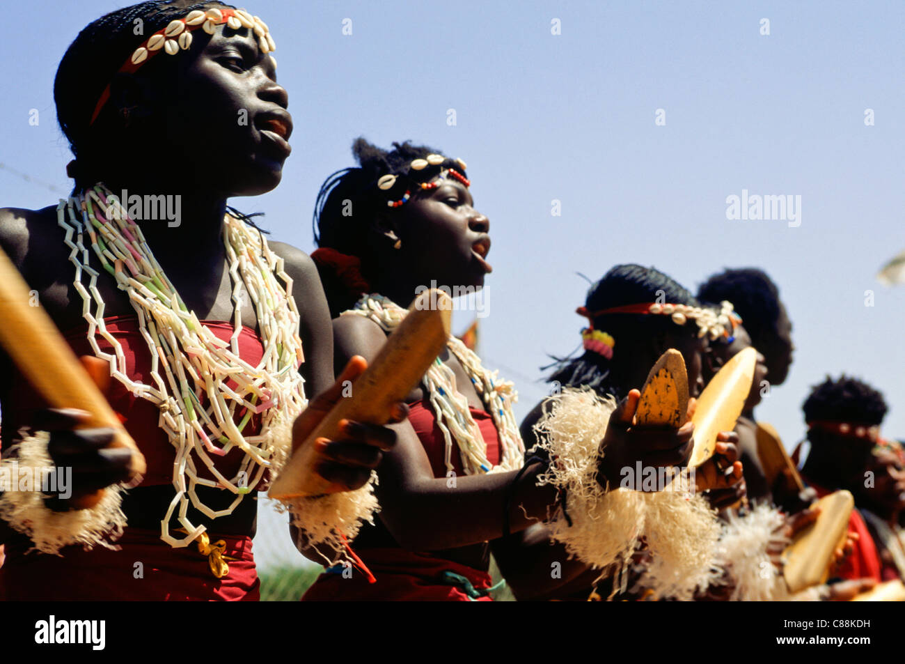 Banjul, The Gambia. Welcome dance at Banjul airport; women playing ...