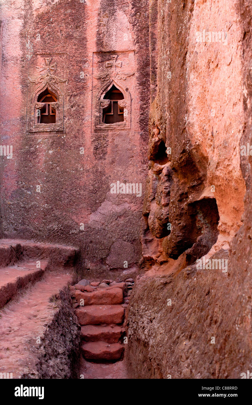 Carved walls of a the rock-hewn churches of Bet Golgotha and Bet Mikael ...