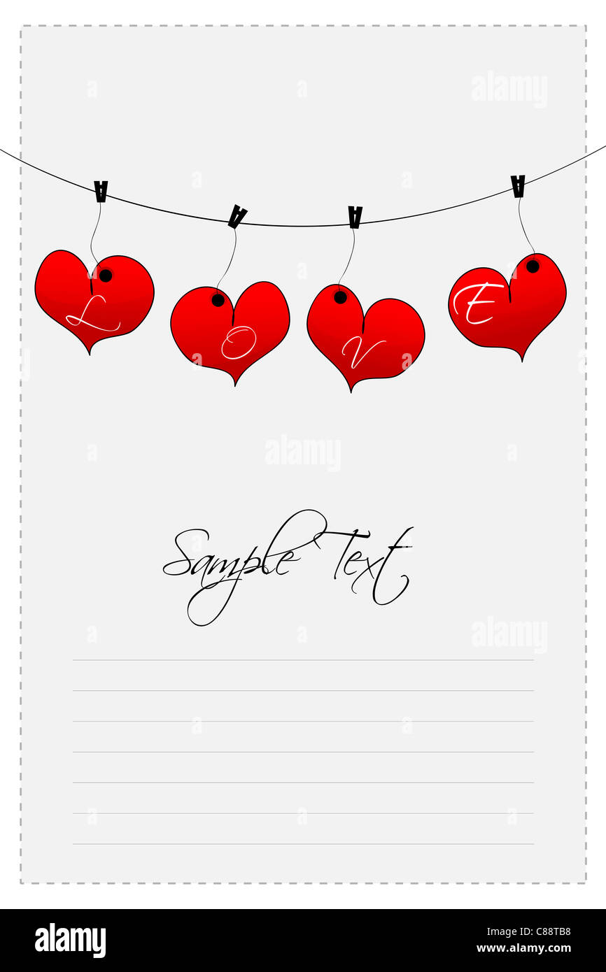 illustration of hanging hearts on sample text template Stock Photo - Alamy