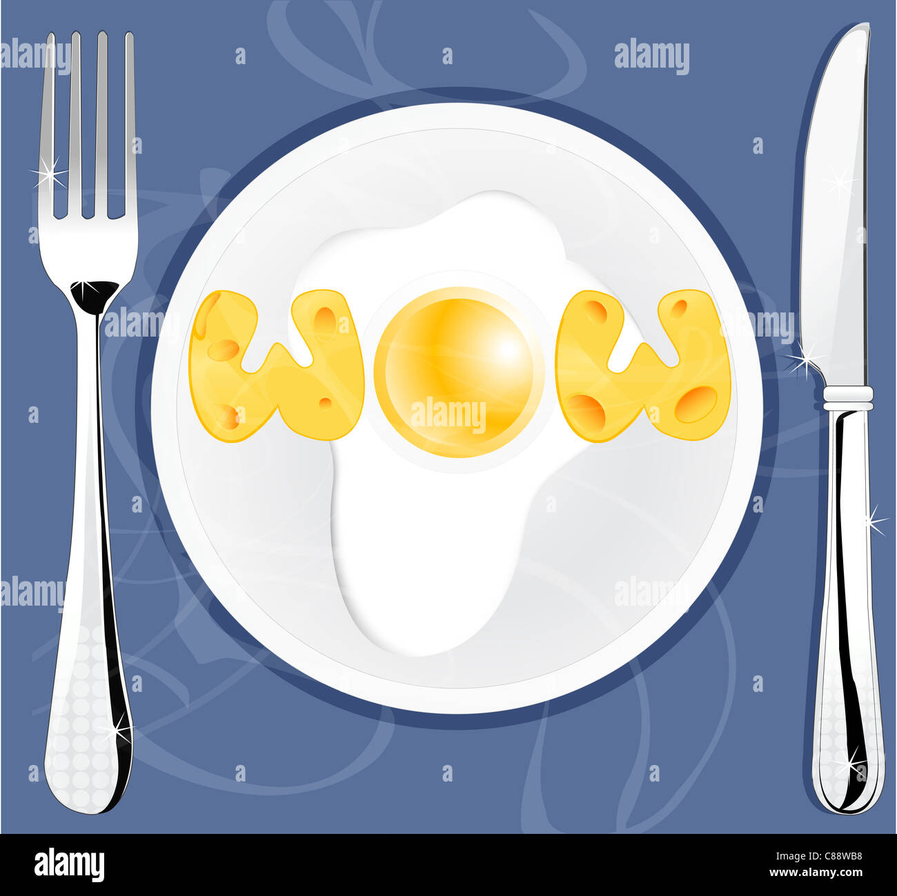 illustration of wow text made of cheese and egg on plate with cutlery ...