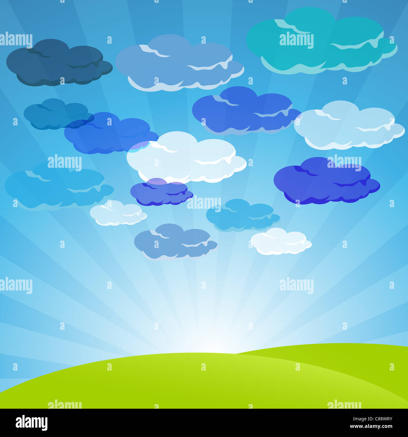 illustration of vector clouds in sky with landscape Stock Photo - Alamy