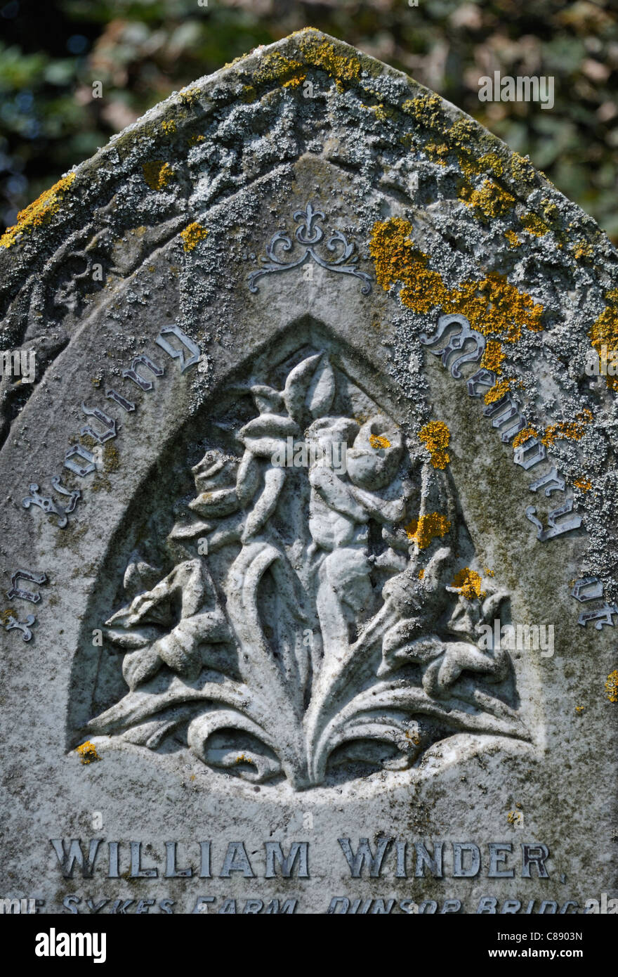 Detail of gravestone with floral design. Christ Church. Over Wyresdale ...