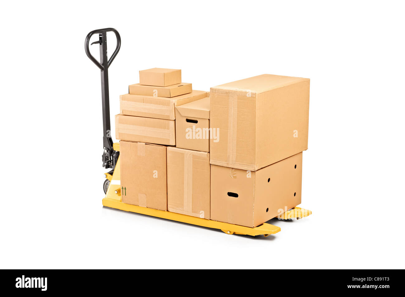 A fork pallet truck stacker with stack of boxes Stock Photo - Alamy