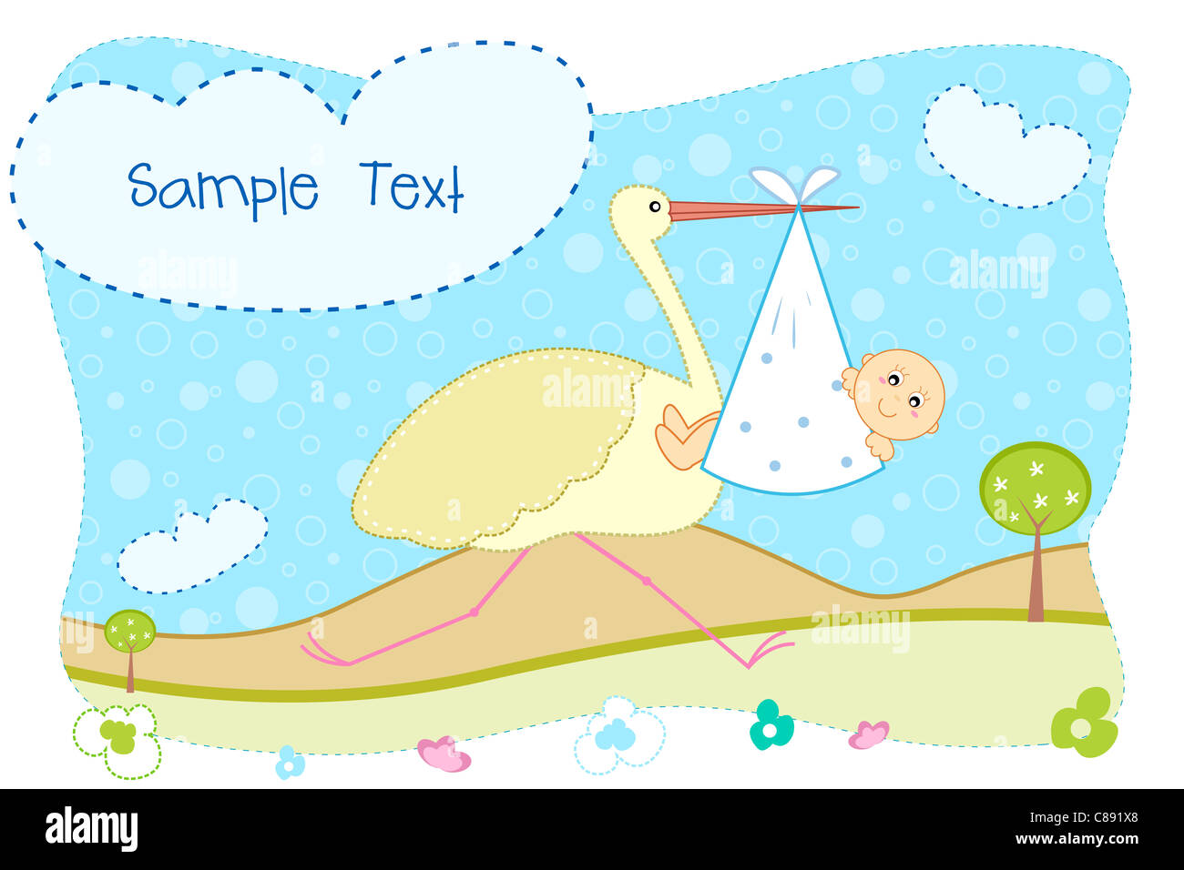 illustration of baby arrival announcement card with stork carrying baby ...