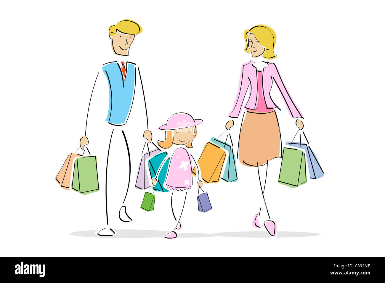 illustration of family with shopping bags Stock Photo - Alamy