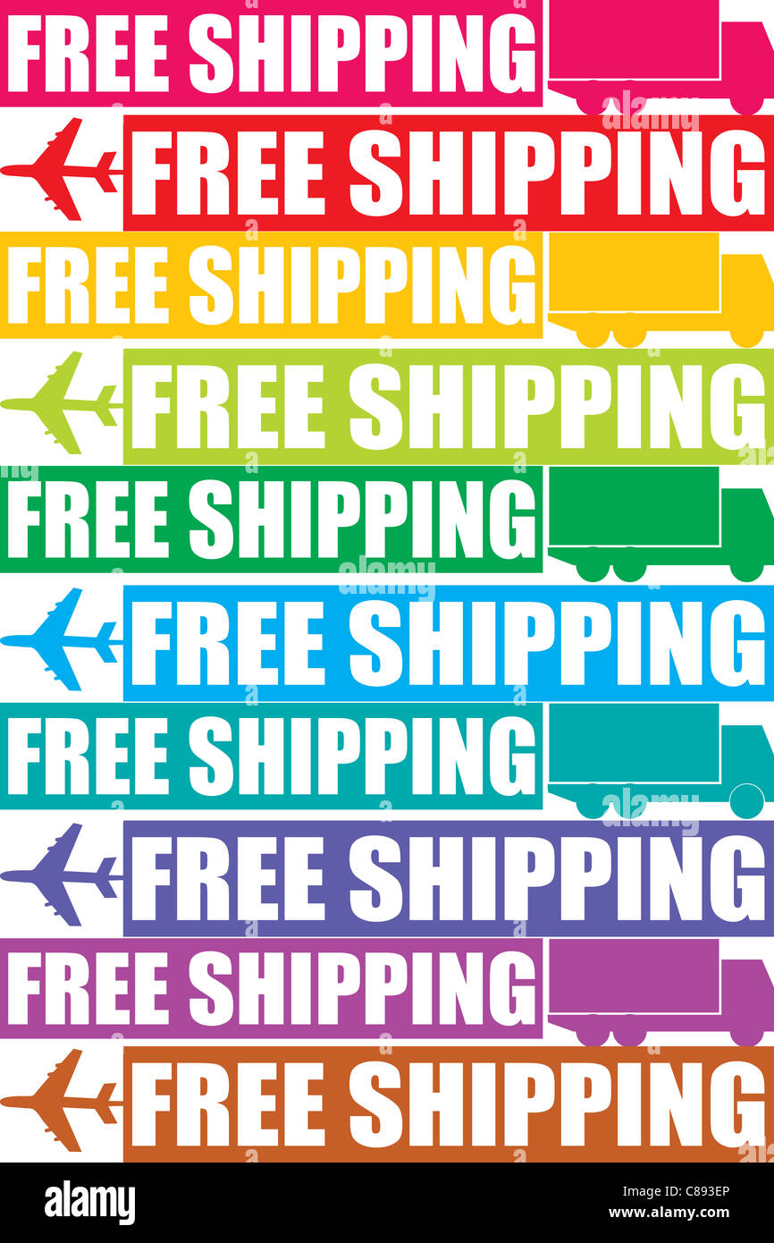illustration of colorful free shipping tag with airplane and van Stock ...
