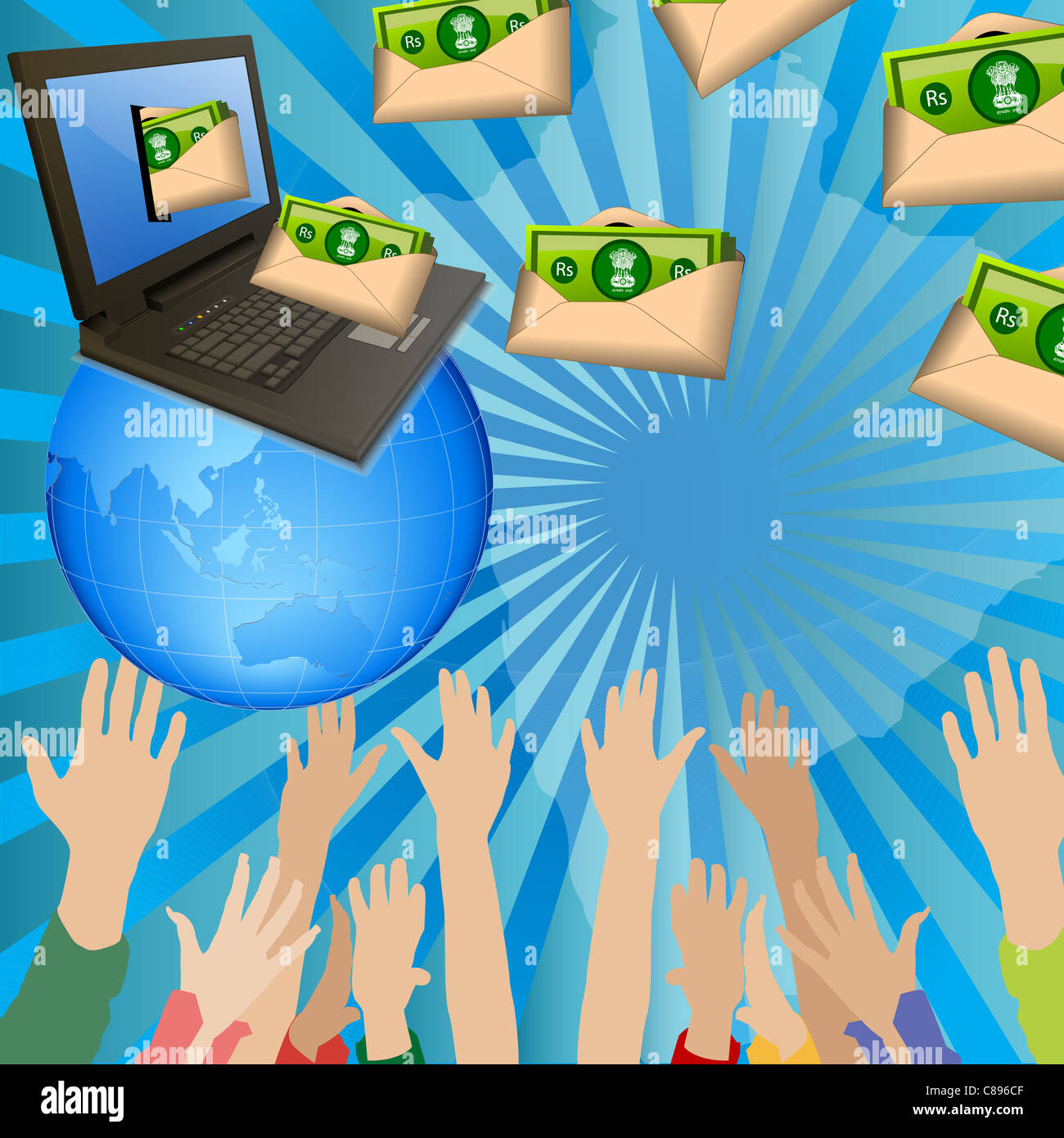 illustration of money with peoples and laptop with blue background ...