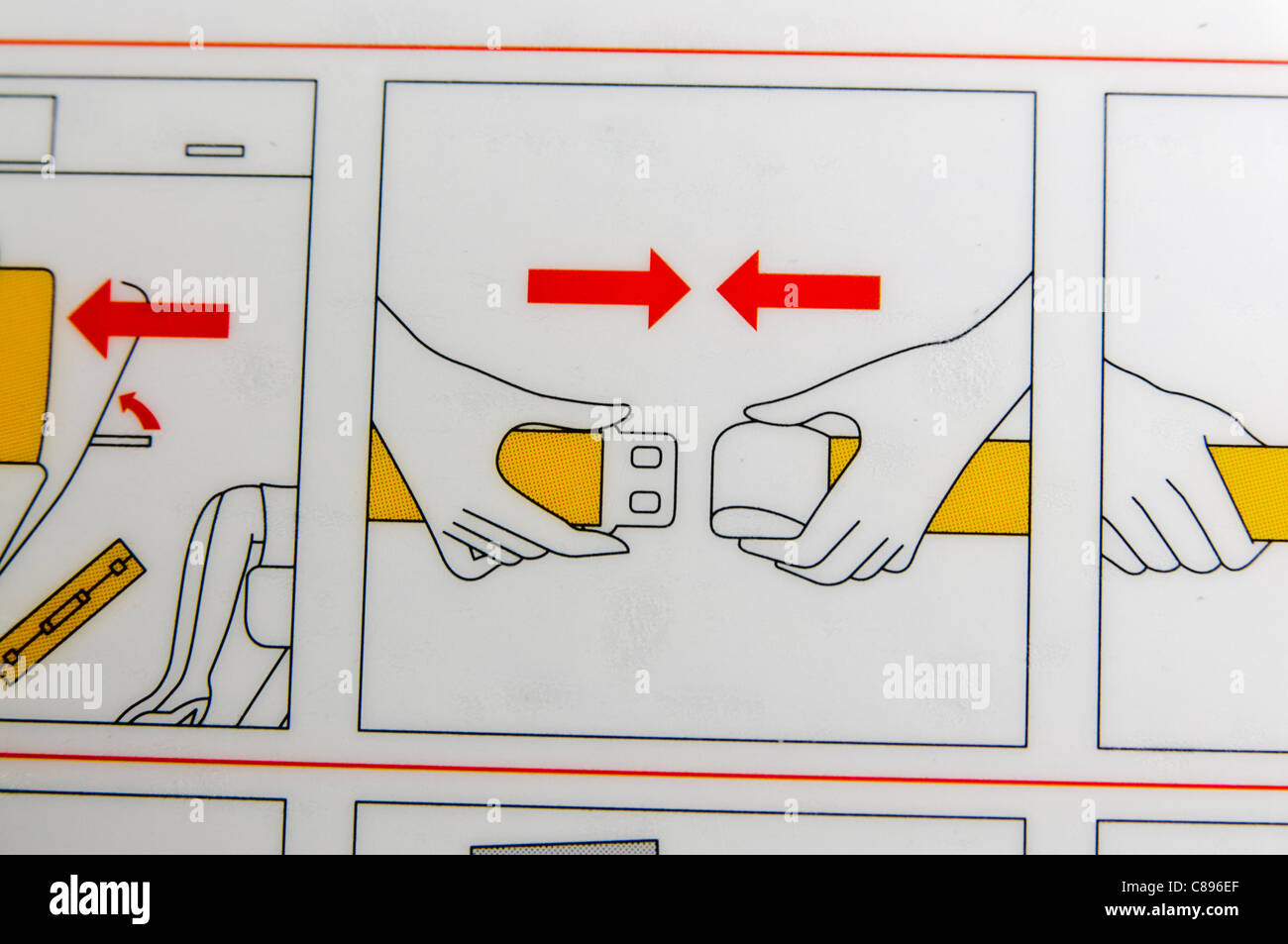 Closeup of an airline safety card showing how to close and lock the ...