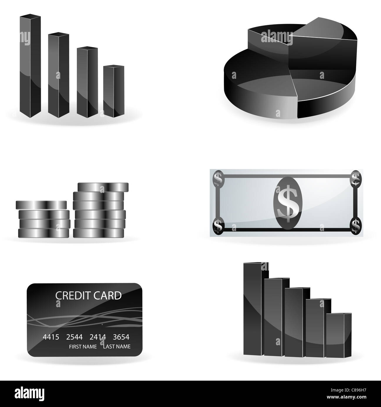illustration of graphs,credit card,currency,pie chart,nots with white ...