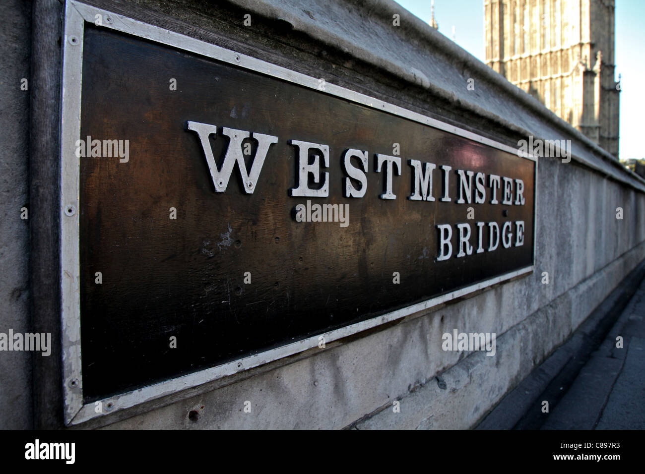 A sign that reads "Westminster Bridge" and a section of Big Ben visible ...