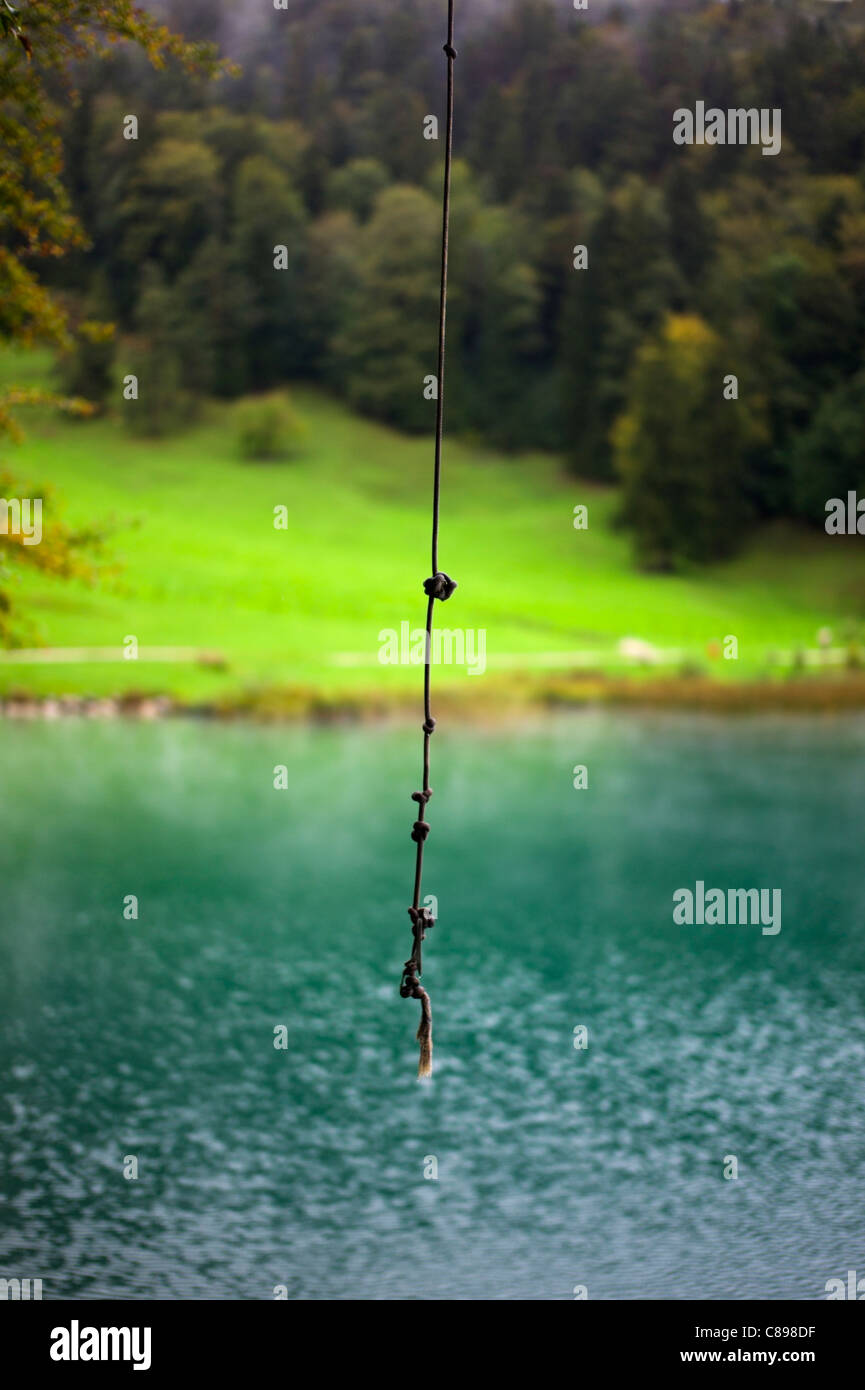Rope swing Lake Alatsee near Fuessen Allgaeu Bavaria Germany Stock ...