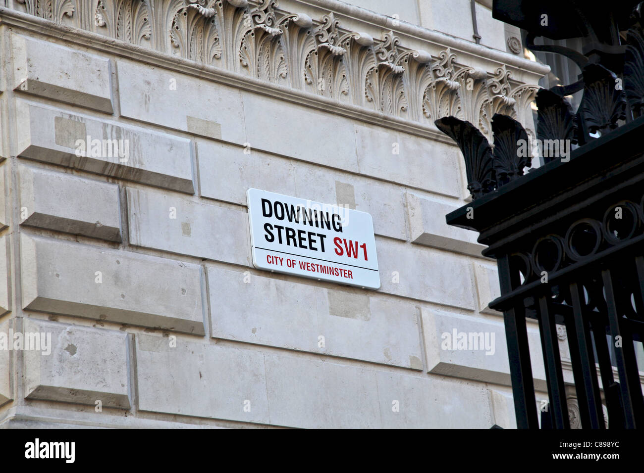 Downing Street SW1 sign on the corner of Downing Street & Whitehall ...