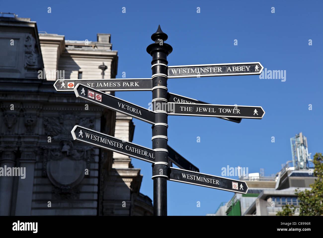 Road signs in front of the Westminster Abbey pointing towards numerous ...