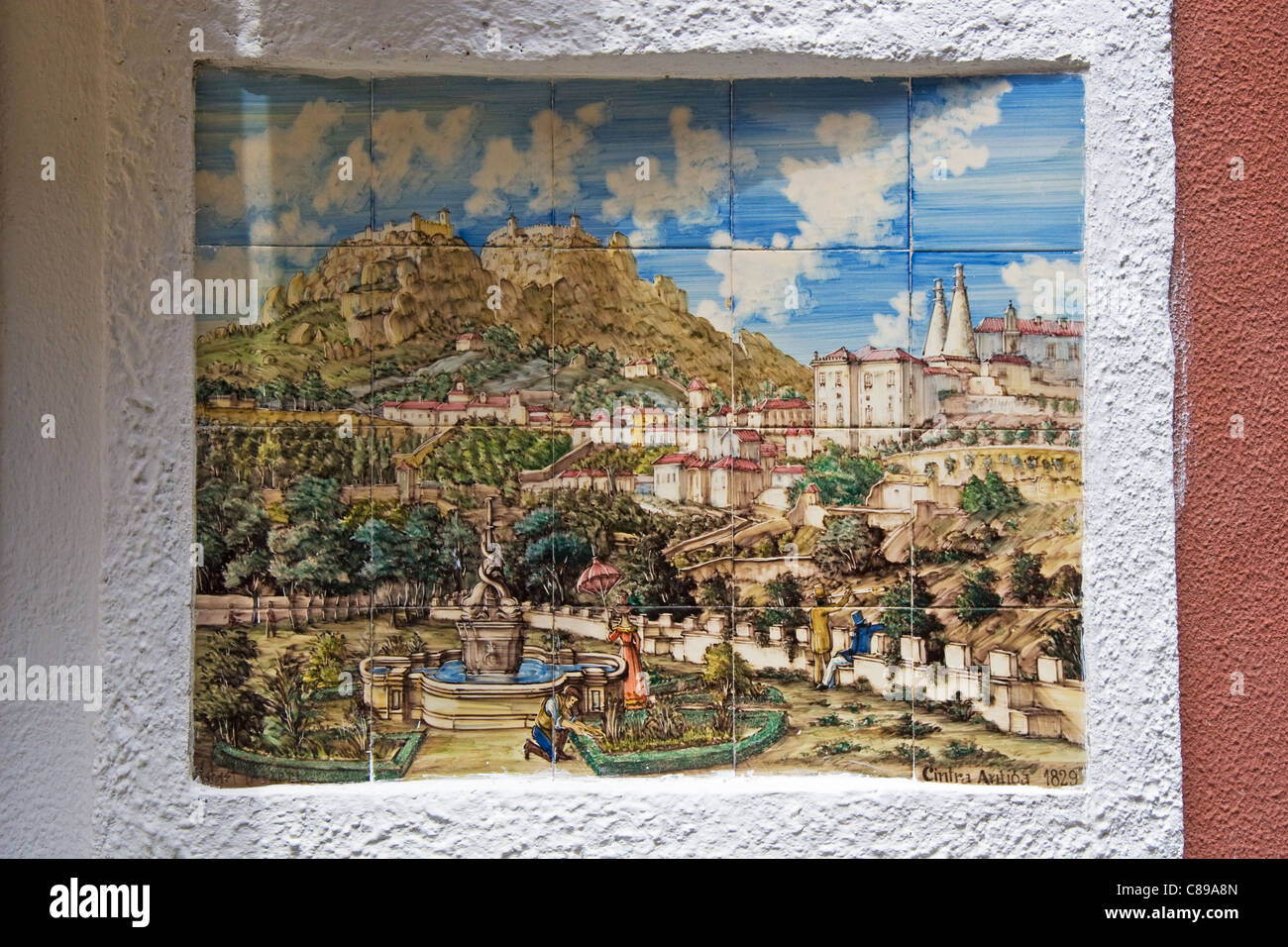 Panel of painted tiles (Azulejo) showing picture of old Sintra ( Cintra ...