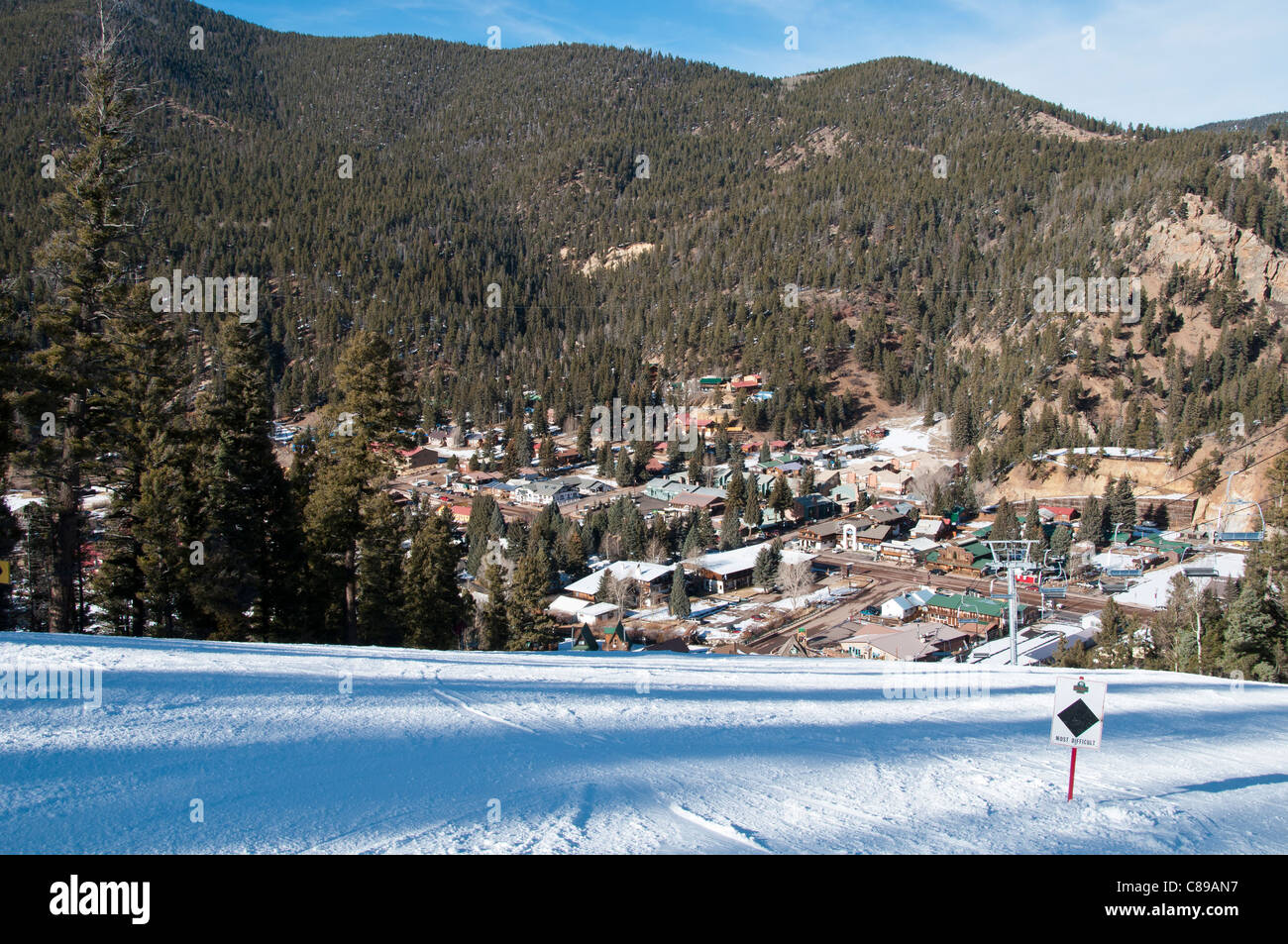 View of town from the slopes of the Red River Ski Area, Red River, New ...
