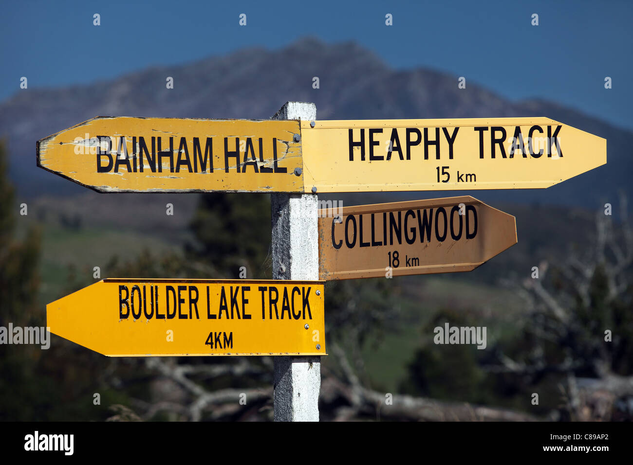 sign at Bainham, Golden Bay, New Zealand indicating the direction of ...